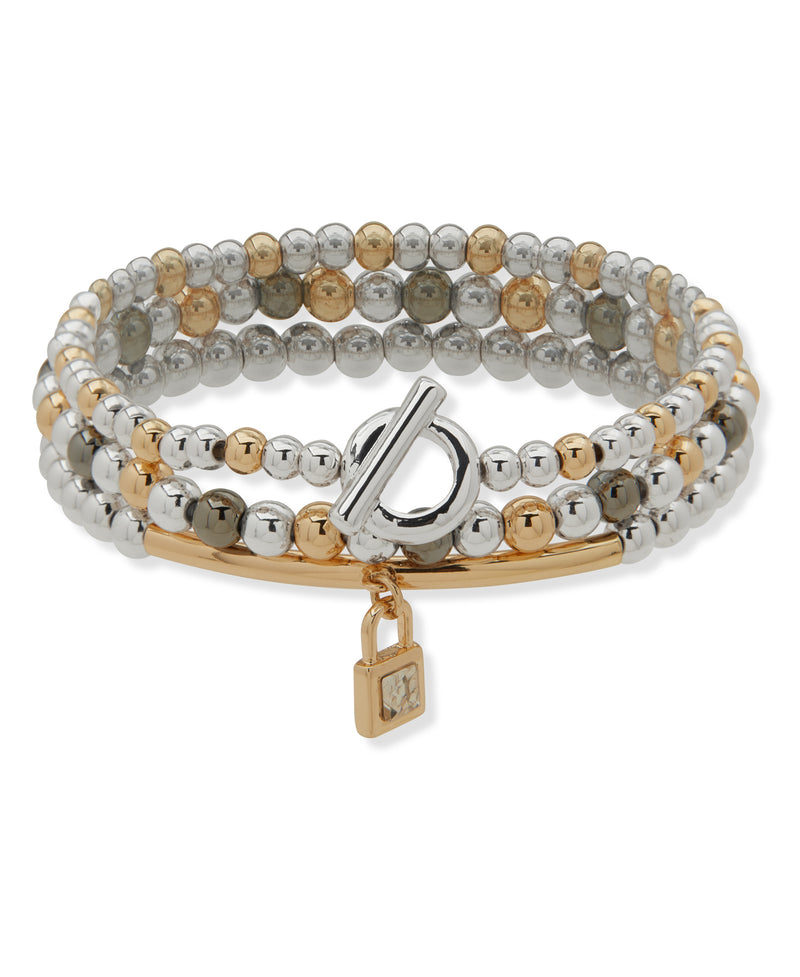 Nine West 3-Piece Tri-Tone Lock Charm Stretch Bracelet – ShopCGX